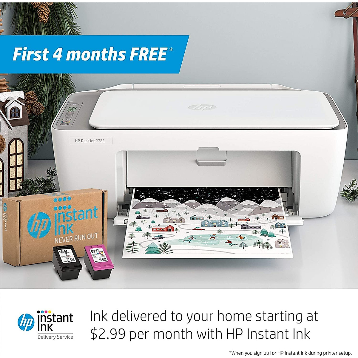 HP DeskJet 27 22 All-in-One Wireless Color Inkjet Printer, White - Print, Scan, Copy - 1200 x 1200 dpi, Flatbed Scanner, Icon LCD Display, WiFi, Bluetooth, USB Connectivity, CBMOUN Printer Cable