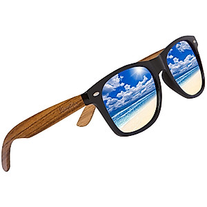Woodies Zebra Wood Sunglasses with Ice Blue Mirrored Polarized Lens and Real Wooden Frame for Men and Women | 100% UVA/UVB Protection