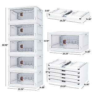 Storage Bins with Lids, 23 Gal White Closet Organizers and Storage, 5 Packs Collapsible Storage Bins with Wheels, Plastic Storage Bins, Double Door Stackable Storage Bins for Home and Office