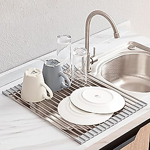 LIMNUO Roll Up Dish Drying Rack, Over The Sink Dish Drying Rack Kitchen Rolling Dish Drainer Foldable SUS304 Dish Drying Rack for Kitchen Sink Counter (16.5''(W) 13.2''(L), Gray)