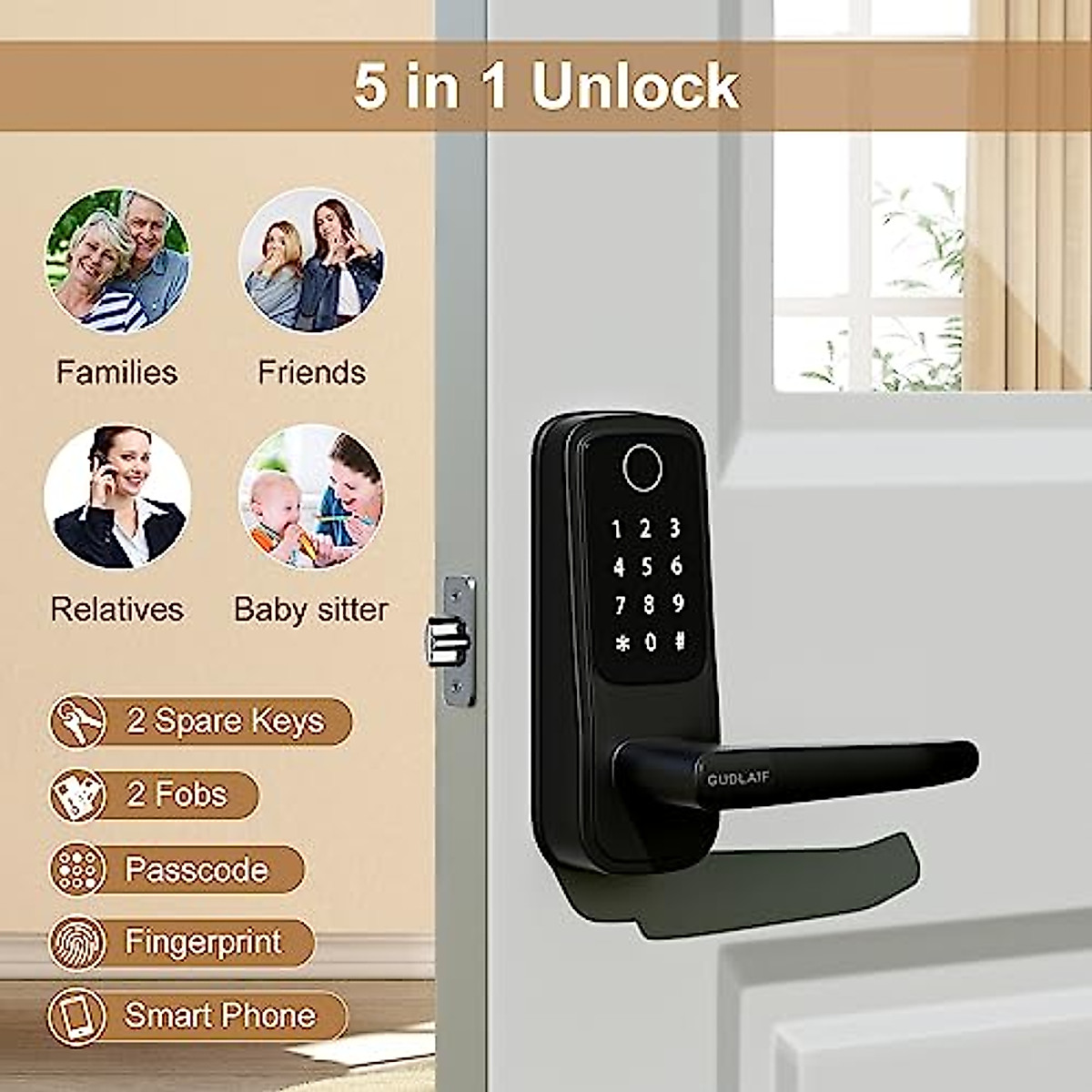 GUDLAIF Smart Door Lock, 5-in-1 Keyless Entry Door Lock with Touchscreen Keypads, Digital Locks for Front Door, Fingerprint, Biometric, Wireless, WiFi, Electric, Fit for Home, Office, Hotel (Black)