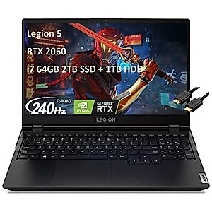 Lenovo Legion 5 15.6" FHD 240Hz (Intel 6-Core i7-10750H, GeForce RTX 2060 (Beat RTX 3050Ti), 64GB RAM, 2TB PCIe SSD+1TB HDD) 1080p IPS Gaming Laptop, Backlit, IST HDMI Cable, Windows 10 Home