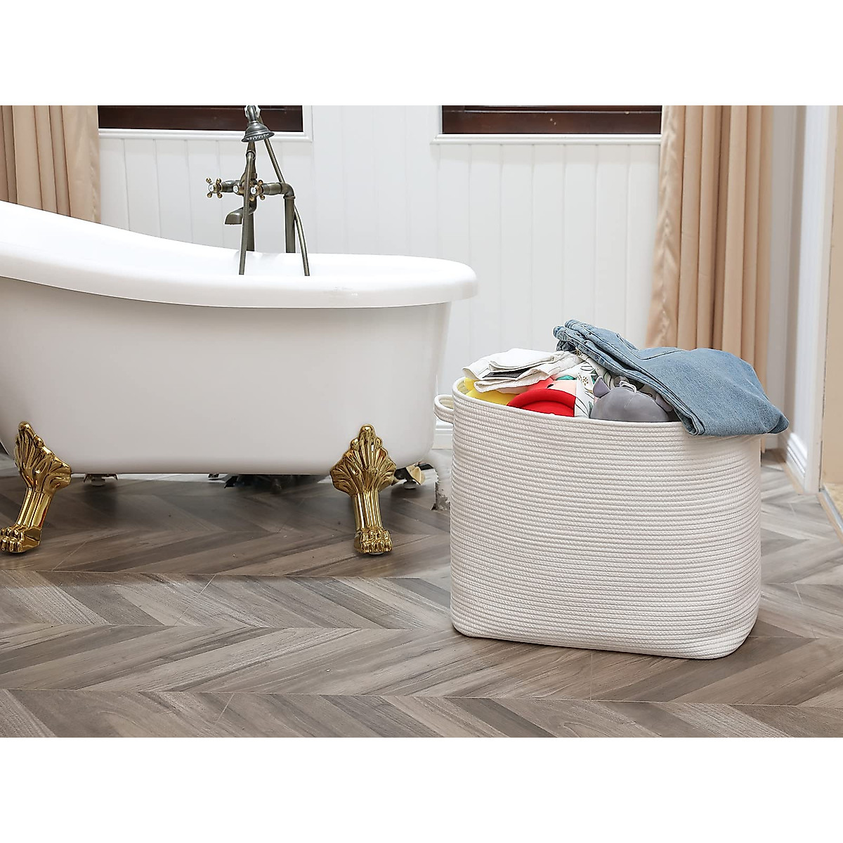 22"x14"x18" Mega Size Rectangular Extra Large Storage Basket, Rectangular Cotton Rope Storage Baskets, Woven Laundry Hamper, Cloth Storage Bin, for Clothes Blanket in Living Room, All White