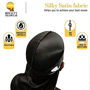 Royalty Headwear One Strap Silky Durag for Men - Premium Quality with Hook and Loop Closure Black Durag for Men 360, 540, 720 Waves