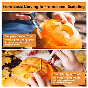 Shuttle Art 35 PCS Halloween Pumpkin Carving Kit, 11 PCS Professional Stainless Steel Pumpkin Carving Tools with 10 Stencils and 12 Electronic Candles, Safe, Fun and Durable for Kids Adults Carving