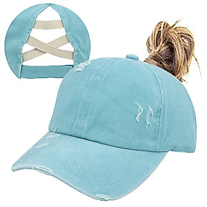 Muryobao Womens Criss Cross Ponytail Baseball Cap Adjustable High Messy Bun Ponycap Trucker Hats Vintage Washed Distressed Dad Hat for Outdoor Sports Travel Lake Blue