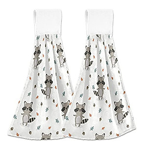 susiyo 2pcs Hanging Kitchen Towels Cute Baby Raccoon Hand Bath Towels Super Absorbent Dish Towels Soft Coral Velvet Tie Towel with Loop for Bathroom Washcloth Farmhouse Home Decor, 18x14 Inch