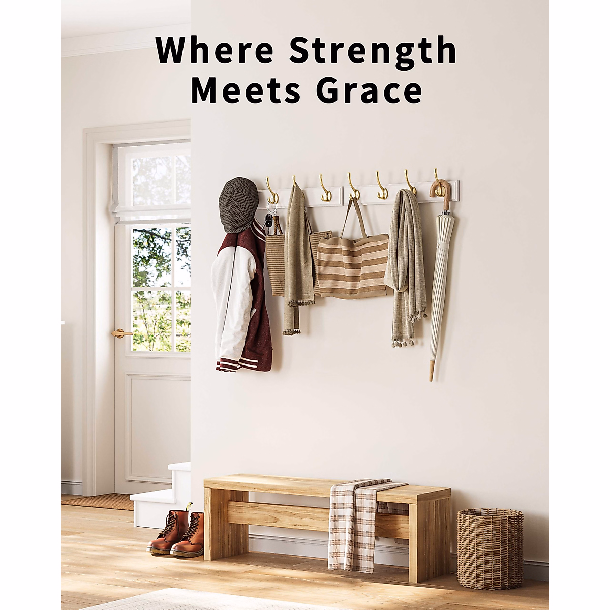 Seocry Coat Rack Wall Mount, 4 Pack 16.5 Inches Wall Hook Rack, White Coat Hanger Wall Mount with Gold Hooks for Backpack, Hat, Towel, Key, Door, Entryway(White Gold, 16.5 Inches)