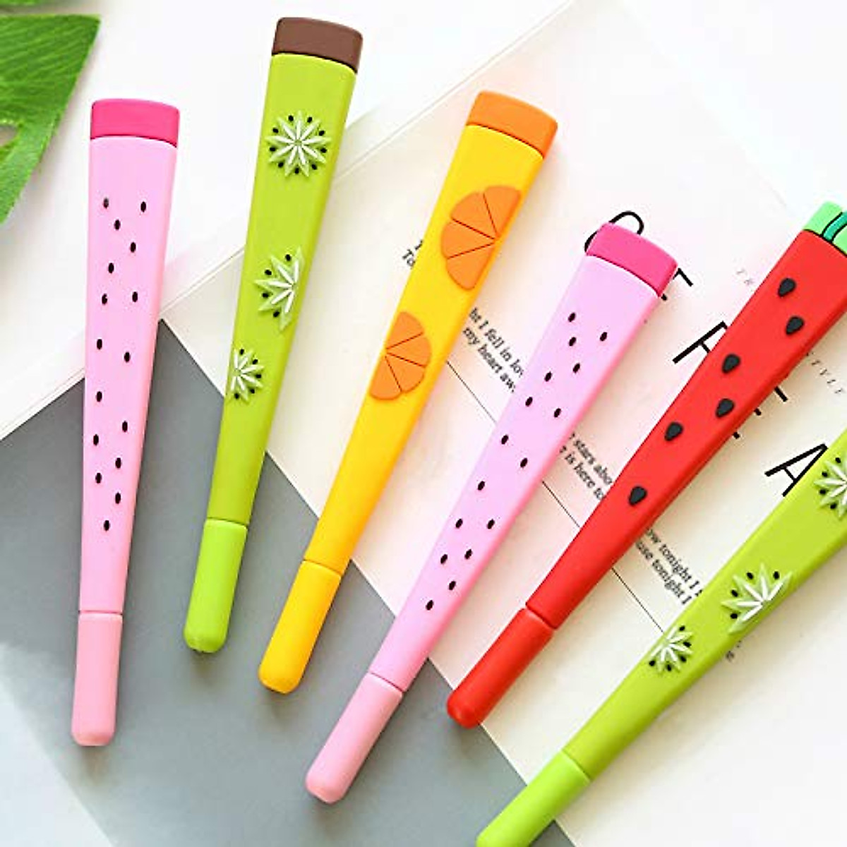 Fruit Shaped Pens Set of 6 and Reusable Mason Jar Pouch, Silky Smooth Fine Tip Black Gel Ink Pens, Quality Molded Silicone Creates Whimsical Stationary for Office, School or Gift (1 Pack)