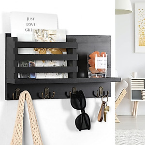 Lwenki Key & Mail Holder for Wall - Rustic Natural Paulownia Wood, 4 Double-Hook Hangers - Wall Mounted Organizer for Decor, Bags, Accessories - Hardware & Manual Included (Black)