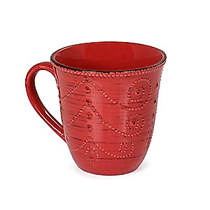 Elama Embossed Scalloped Round Stoneware Dinnerware Dish Set, 16 Piece, Red with Brown Accents