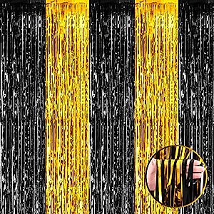 4 Pack Black Gold Foil Fringe Curtain Backdrop, 3.28Ft x 6.56Ft Metallic Tinsel Foil Fringe Streamers Curtains for Photo Booth, Wedding, Graduation, Birthday, Carnival Party Decoration