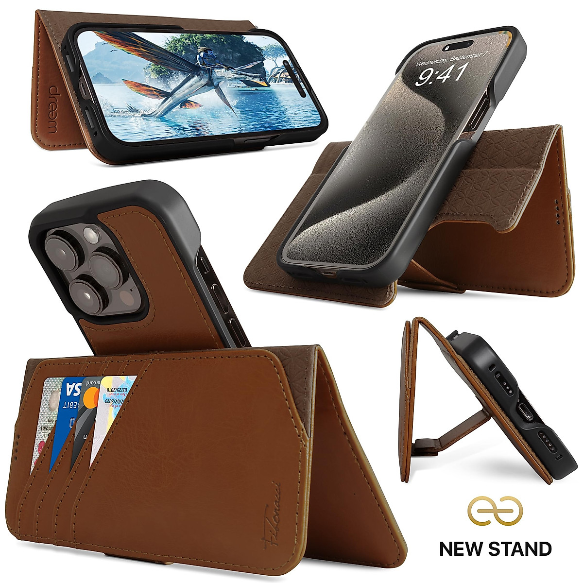 Dreem Fibonacci Wallet Case for iPhone 15 Pro Max | 2-in-1 Detachable Vegan Leather Cover with Built-in Kick-Stand, RFID Blocking Card Holder, MagSafe Compatible [Chocolate]