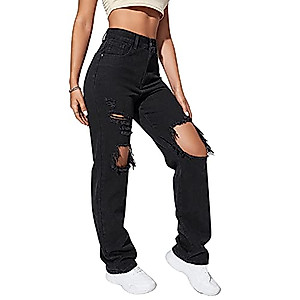 SweatyRocks Women's Casual Loose Ripped Denim Pants Distressed Wide Leg Jeans Black XL