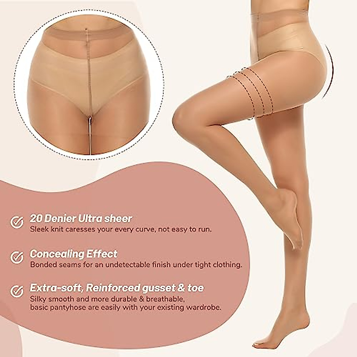 MANZI 6 Pairs Women's 20D Sheer Silky Pantyhose Run Resistant Nylon Tights High Waist Stockings with Control Top (6 Natural,M)