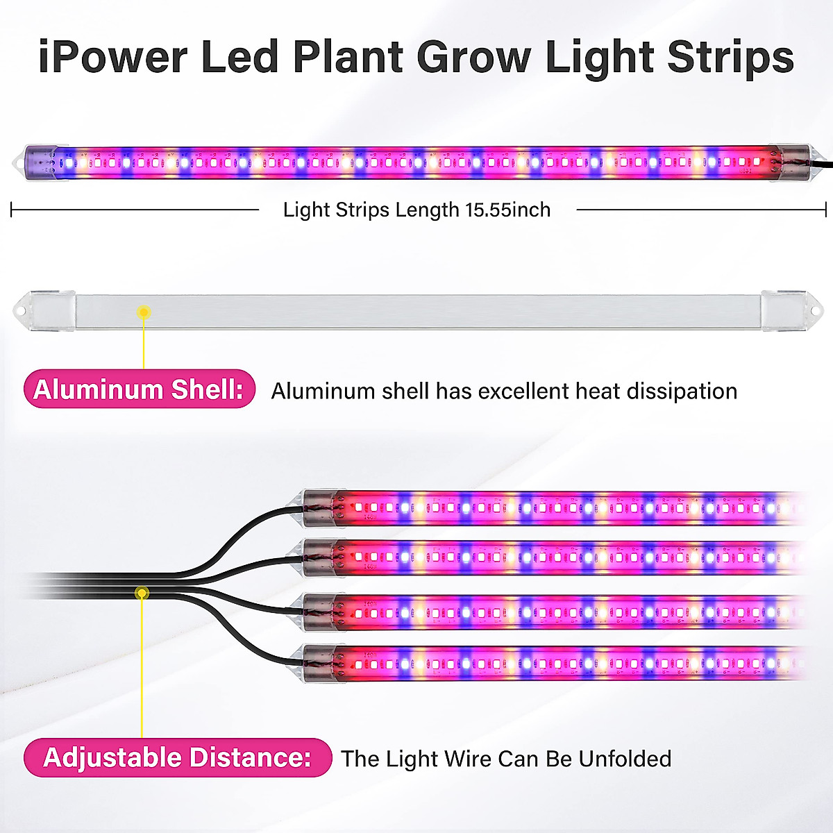 iPower LED Grow Light Strips Full Spectrum for Indoor Plants with Auto ON/Off 3/9/12H Timer, 10 Dimmable Levels 48 LEDs Per Tube, Sunlike Grow Lamp for Hydroponics Succulent, 1 Pack, Mix, 4 Tubes