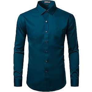 ZEROYAA Men's Business Formal Slim Fit Long Sleeve Button Up Dress Shirts with Pocket ZYSGCL01-Teal Large