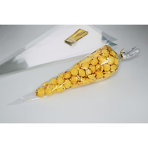 Hustar Cone Treat Bags, 7"x15" 100pcs Large Clear Cellophane Bags for Popcorn with 100pcs ties