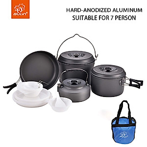Bulin 13Pcs Camping Cookware Mess Kit, Nonstick Backpacking Cooking Set, Outdoor Cook Gear for Family Hiking, Picnic Lightweight Cookware Sets(Kettle, Pots, Frying Pan, BPA-Free Bowls, Plates, Spoon)
