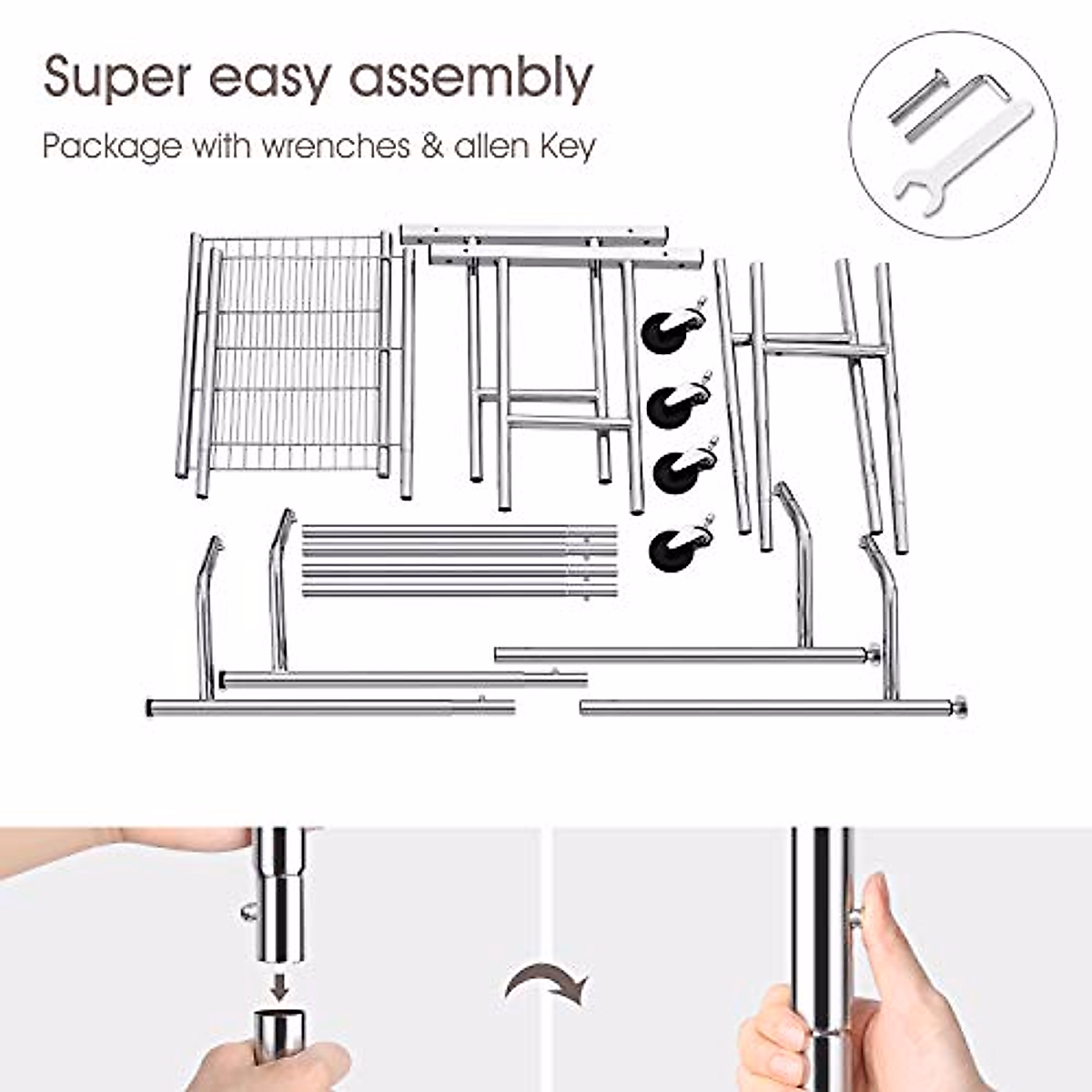 Simple Trending Double Rail Clothing Garment Rack, Heavy Duty Commercial Grade Rolling Clothes Organizer with Wheels and Bottom Shelves, Holds up to 250 lbs, Chrome