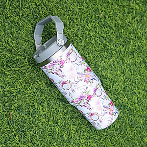 PRAGDUCT Cow Skull Tumbler with Handle and Lid Straw, 30 oz Stainless Steel Travel Mug for Hot and Cold Drinks, Mother's Day gift West Floral Design (White cow skull, 30OZ)