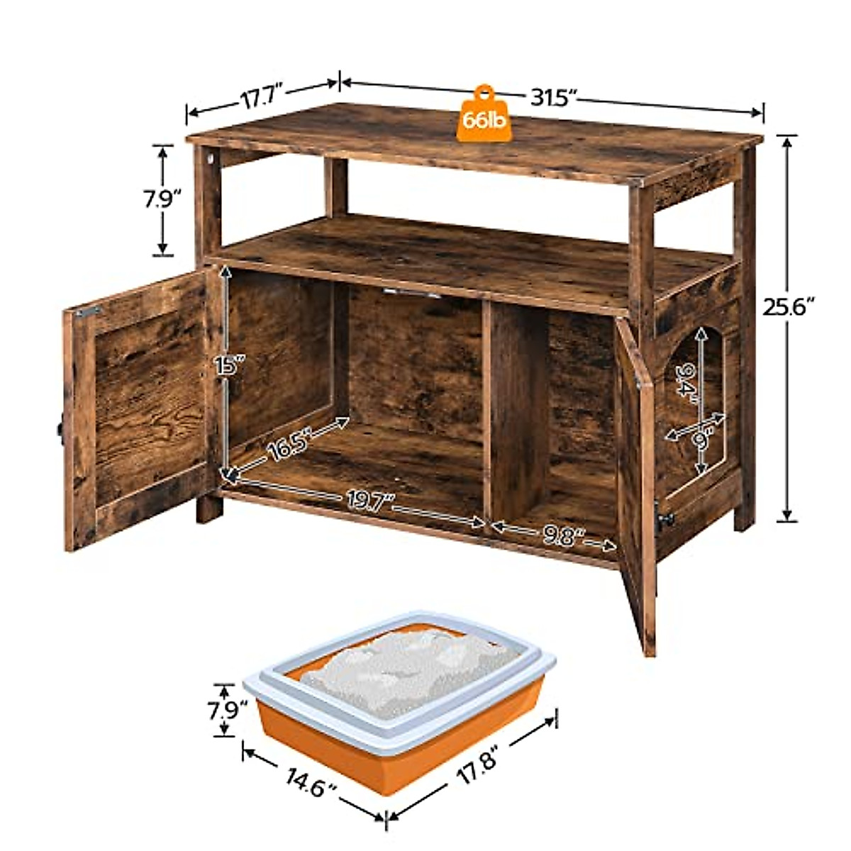 HOOBRO Litter Box Enclosure, Cat Litter Box Furniture Hidden, Enclosed Cat Toilet, Litter House, Large Size, with Extra Storage Space, Side Table, Coffee Table, Nightstand, Rustic Brown FG038MW01