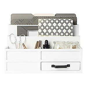 Blu Monaco White Desktop Organizer with Drawer & Pen Holder - Desk Organizers and Storage - Paper Organizer - Wood Bill Organizer for Desk - Mail Holder for Office Desk Organization Art Supply Storage