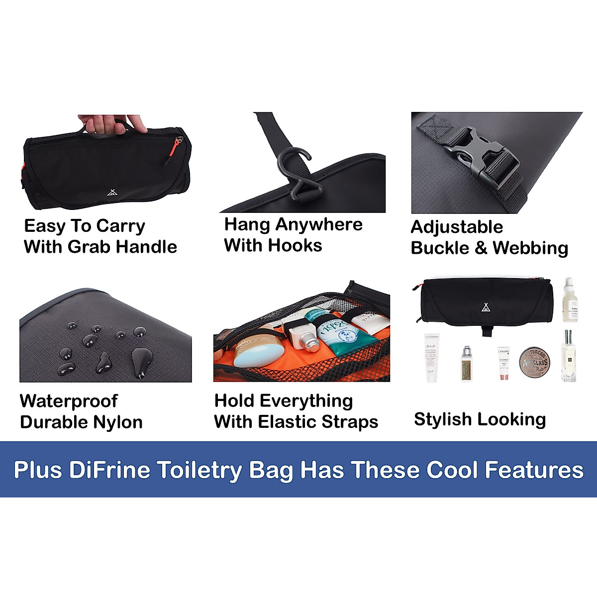 Compact Travel Toiletry Bag, Hanging Toiletry Bag for Men, Roll Up Dopp Kit Bathroom Shaving Shower Medicine Hygiene Bag for Traveling, Waterproof Lightweight Organizer for Gym Camping Grooming, Black