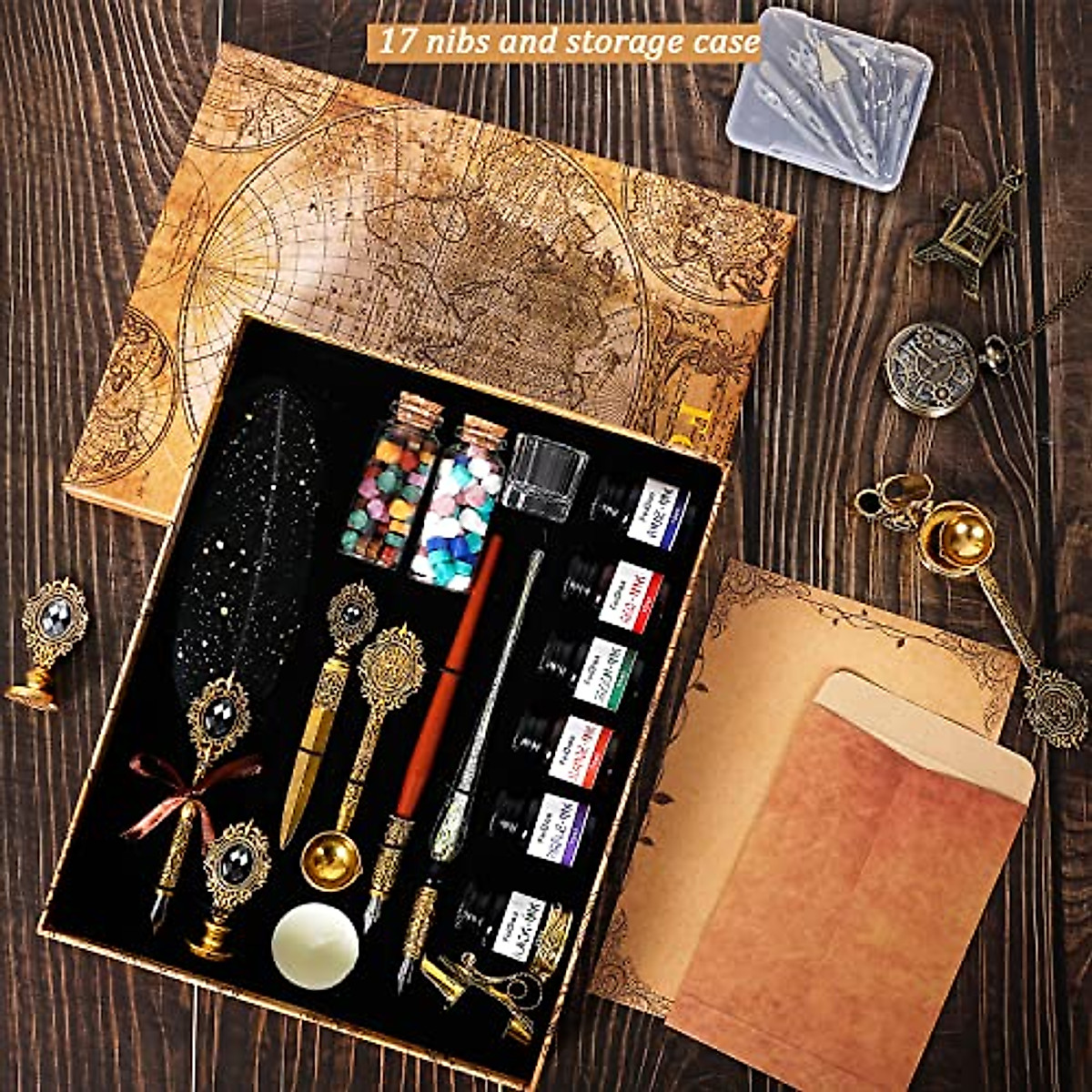 Quill Pen and Ink Set,Calligraphy Pen Set and Wax Seal Kit,3 Dip Pens with 6 Bottles of Colored Ink,17 Calligraphy Nibs in a Storage Box,Fun Feather Pen Calligraphy Gift (Black)