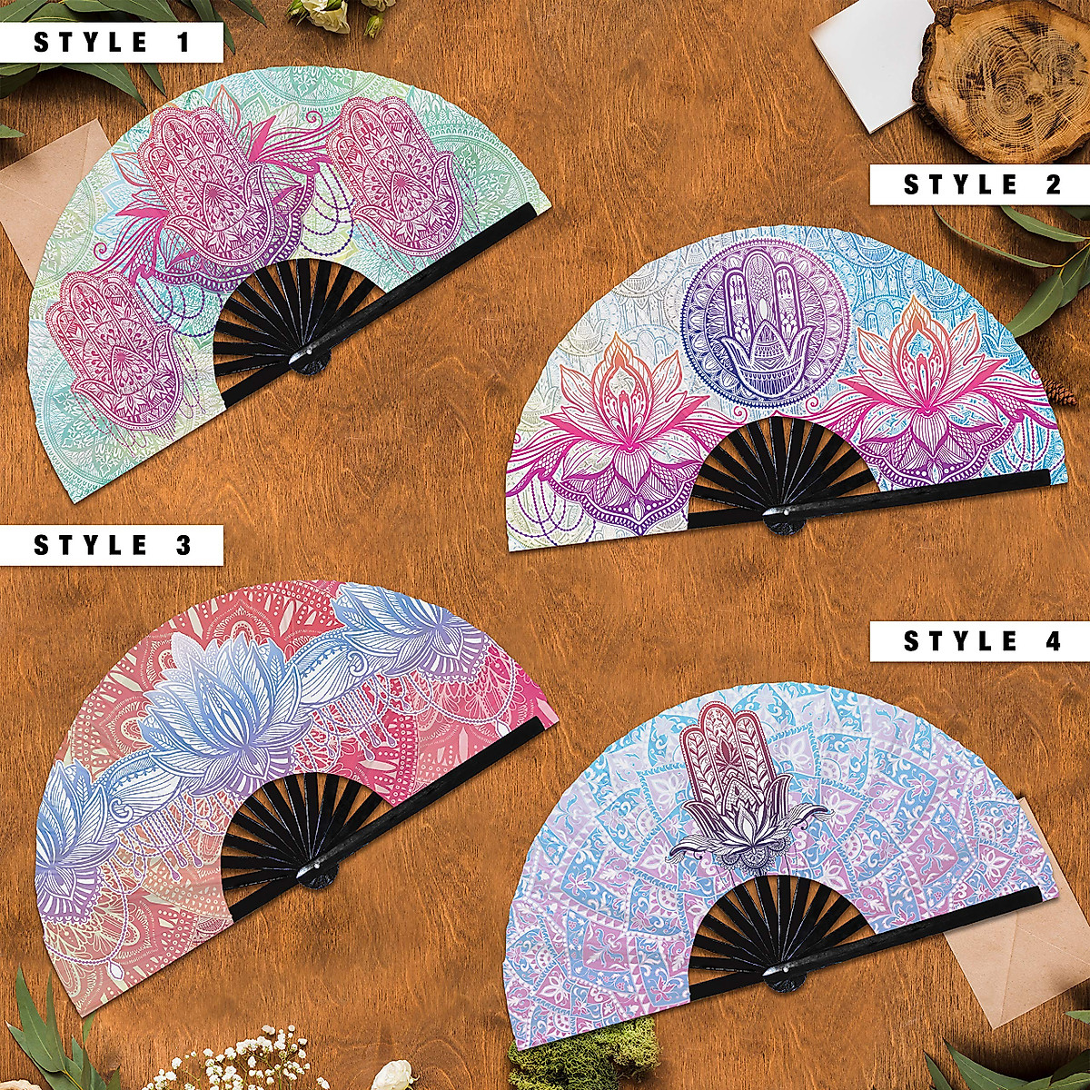 Bohemian Lotus Zen UV Glow Folding Hand Fan Boho Mandala Fan Trippy Yoga Fans Iridescent Hippie Theme Fan for Men and Women Chinese Bamboo Fan for Parties and Events