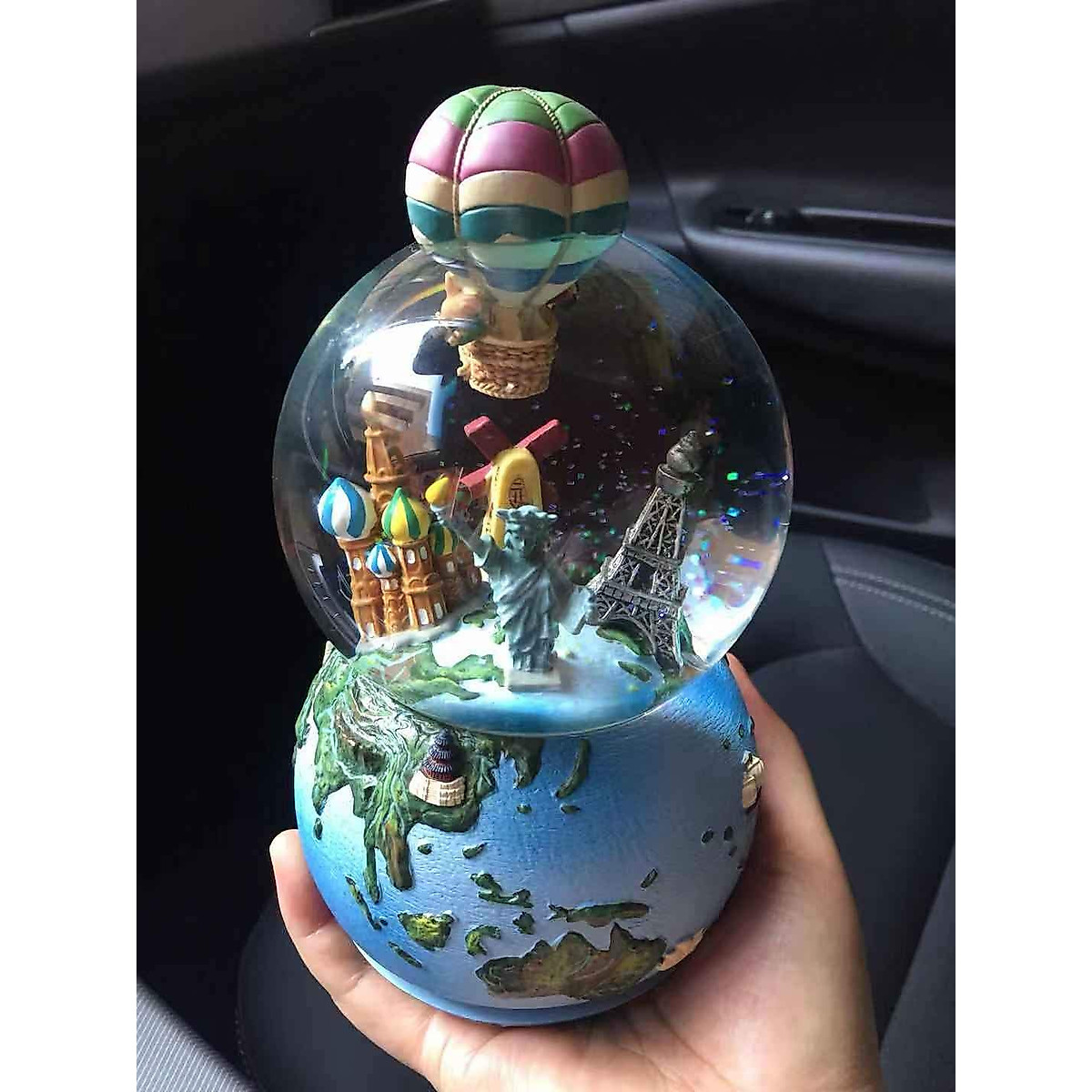 Snow Globe Valentine's Day with Music for Kids Boys Girls Women Adults Unique Gift 3D Hot Air Balloon Snowglobes Around The World Travel Rotating Christmas Music Box Decorations