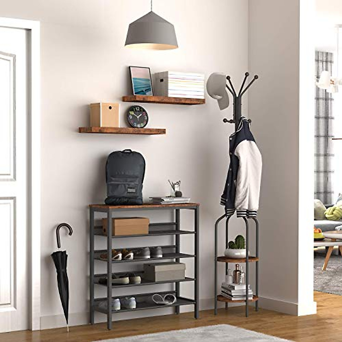 HOOBRO Shoe Rack and Shoe Bench Bundles, 5-Tier Shoe Storage Unit Flat and Slant Adjustable Shoe Organizer Shelf, Industrial Shoe Storage Bench, for Entryway, Living Room, Hallway