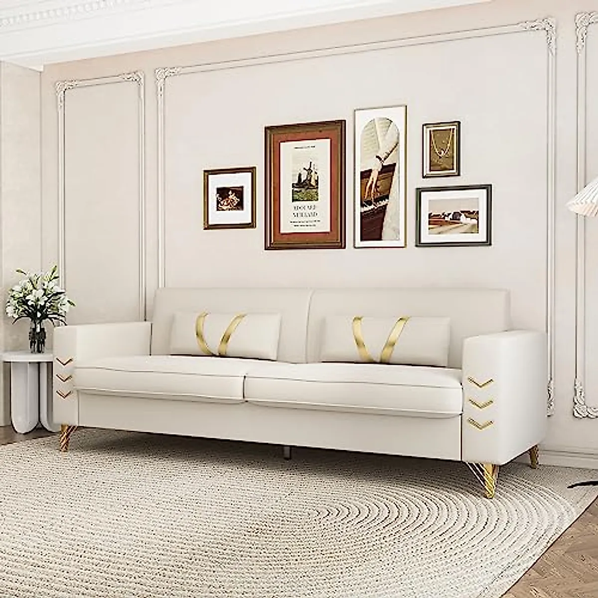 Tomkate 85.63" Modern Sofas for Living Room, Velvet Chesterfield Sofa with Two Lumbar Pillows and Gold Metal Legs, Luxury 3 Seater Sofa Couches for Living Room, Bedroom (Beige)