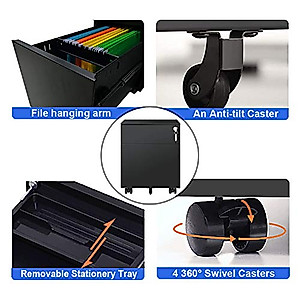 HAIAOJIA 2 Drawer Mobile File Cabinet with Lock Metal Filing Cabinet for Legal/Letter/A4/F4 Size, Fully Assembled Include Wheels, Home/Office Design, Black