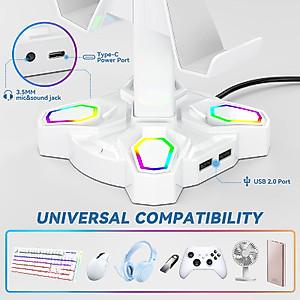 KDD Gaming RGB Headphones Stand, Rotatable Headset Stand with 9 Light Modes - Controller Holder with 2 USB Charging Ports and 3.5mm - Earphone Hanger Accessories for Desktop Gamer(White)