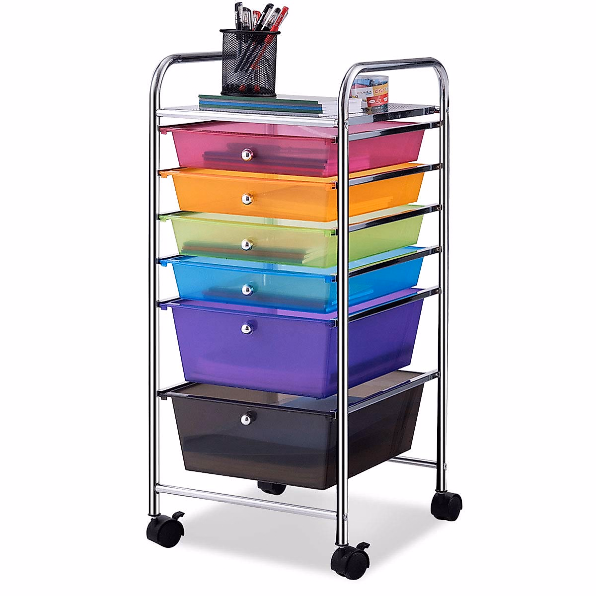 Happygrill 6-Drawer Organizer Cart Tools, Mobile Utility Storage Cart with Removable Drawers & Lockable Wheels, Rolling Storage Cart with Wheels for Home Office
