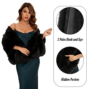 FlyGulls Women's Black Faux Fur Shawl Luxury Fur Shawls and Wraps for Evening Dresses Bridal Faux Fur Wrap for Bride and Bridesmaids Warm Fur Cape for Winter Wedding Evening Party（Black）