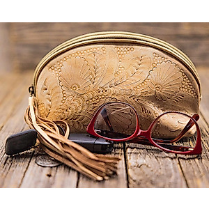 Womens Cosmetic Case, Leather makeup case, handtooled, toiletry and travel bag, zipper close, lined, tassel