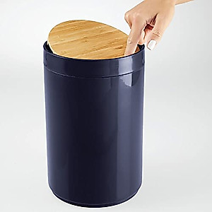 mDesign Plastic Round Trash Can Small Wastebasket, Garbage Bin Container with Swing-Close Lid, Kitchen, Bathroom, Home Office, Bedroom Basket; Holds Waste, Recycling,1.3 Gallon -Navy Blue/Natural