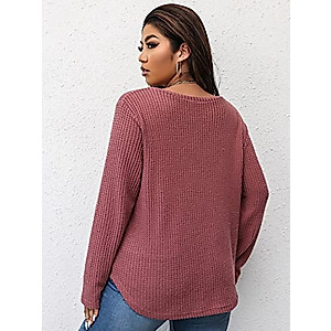 SOLY HUX Women's Plus V Neck Long Sleeve T Shirt Curved Hem Knit Sweater Pullover Tops Solid Pink 3XL