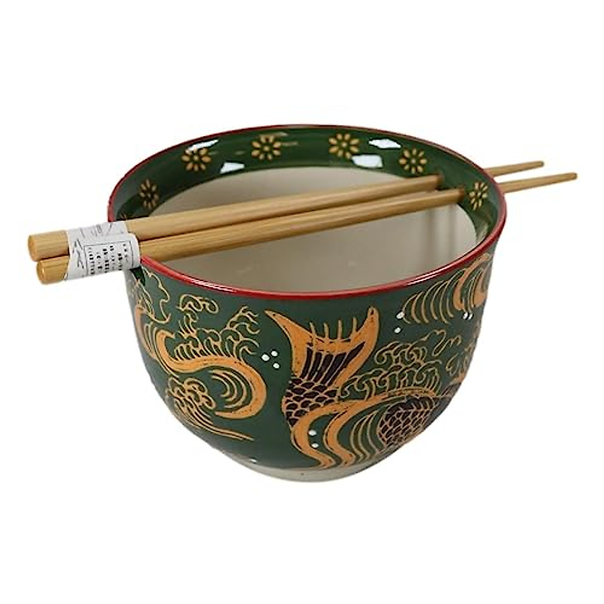 Ebros Gift Colorful Green And Yellow River Koi Fishes With Crystals Ramen Udong Noodles Bowl With Built In Chopsticks Rest and Bamboo Chopstick Set for Kitchen Dining Soup Rice Meal Bowls (1)
