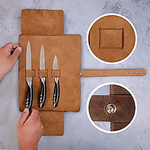 Cast Leather Co., Rectangular Knife Roll with 3 Slots, Portable Knife Organizer, Travel Bag, Culinary Accessories, Full Grain Leather, Handmade, Bourbon Brown