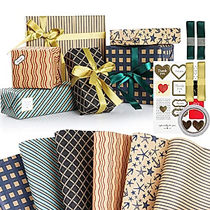 Hianjoo 6 Sheets Gift Wrapping Paper, 20x28 inch Recyclable Kraft Gift Wrapping Paper and 1 Sticker and 4 Ribbon for Birthday, Valentines, Christmas, Graduation, Baby Shower, Easter, DIY Craft