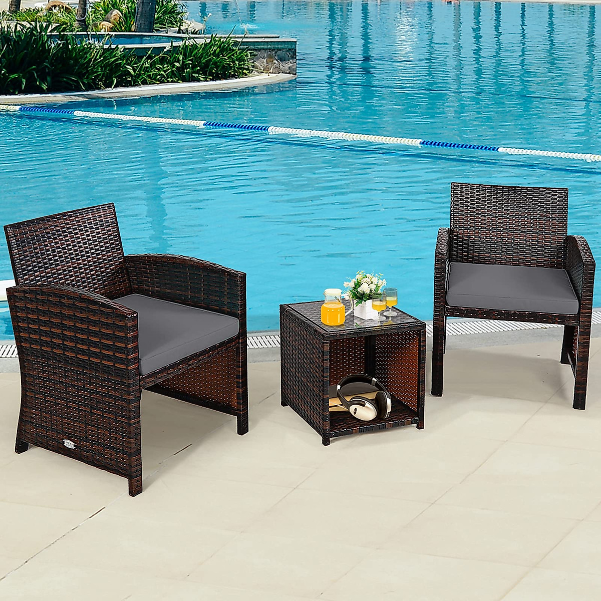 Tangkula 3-Piece Outdoor PE Rattan Furniture Set, Patio Conversation Set w/Chair & Storage Coffee Table, Detachable Cushion, Stable X-Shaped Frame, Perfect for Garden, Backyard, Poolside (Grey)