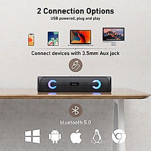 Bobtot Computer Speakers Desktop Soundbar - HiFi Stereo Audio RGB Mini Sound Bar External Speaker with Bluetooth AUX-in Wired USB Powered Volume Control for PC Laptop Tablets Monitor