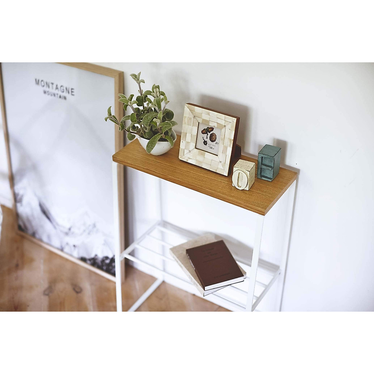 Yamazaki Home Narrow Living Room End Table - Slim Side Storage Shelf Stand Furniture Metal and Wood Modern Skinny Accent Table Steel + WoodWhite