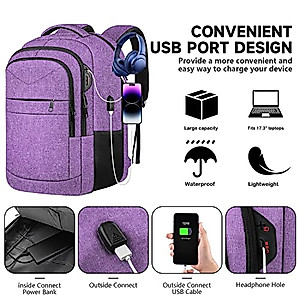 Lapsouno Extra Large Travel Backpack, Travel Laptop Backpack, Multiple Pockets 17.3 Inch Carry on Backpack with USB Port, TSA Friendly Water Resistant Business Travel Bag for Women, Purple