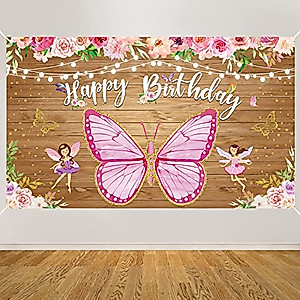 Butterfly Birthday Banner Backdrop Decorations for Girls Women, Fairy Themed Happy Birthday Backdrop Sign Party Supplies, 10th 16th 21st 30th 40th 50th Pink Flower Bday Background Decor