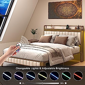 Saudism LED Bed Frame with Charging Station, King Size Bed Frame with Headboard Storage, Sturdy and Durable, No Box Spring Needed, Gold+Beige