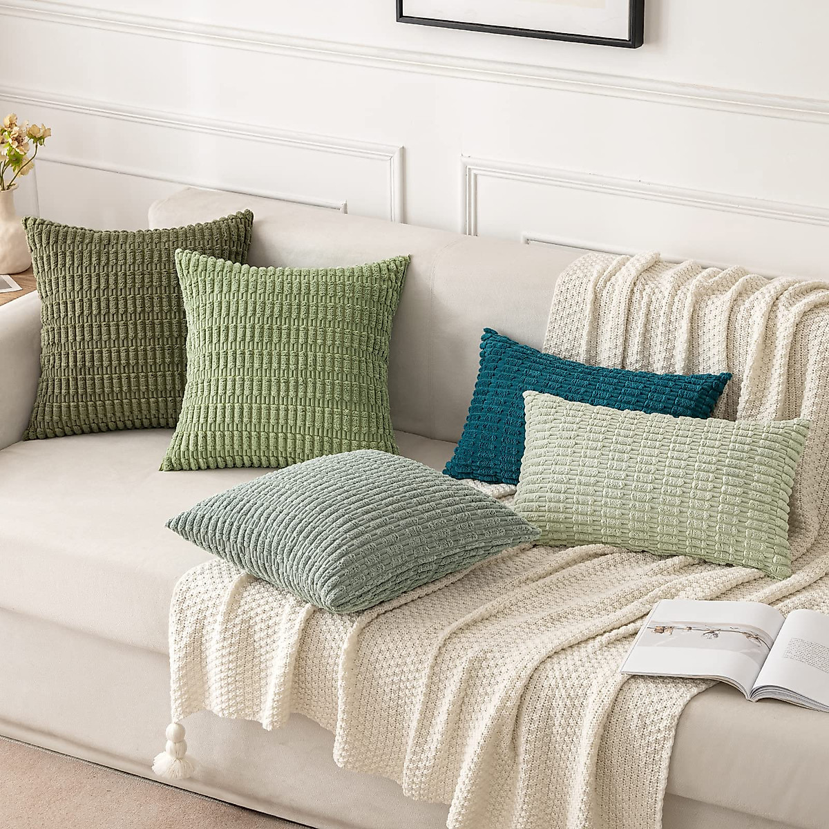 MIULEE Pack of 2 Corduroy Decorative Throw Pillow Covers 18x18 Inch Soft Boho Striped Pillow Covers Modern Farmhouse Home Decor for Spring Sofa Living Room Couch Bed Sage Green